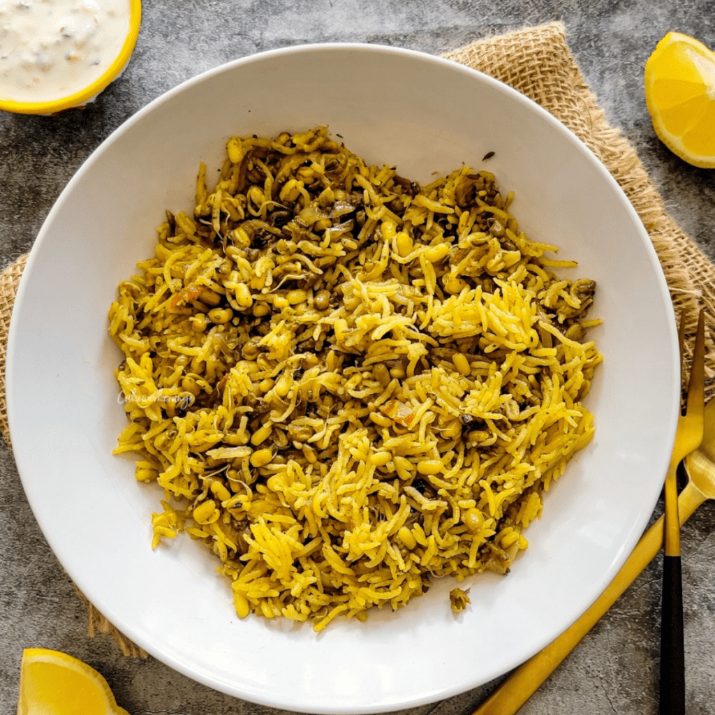Moong Sprouts Pulao | Sprouted green Moong Rice Recipe - Cakeworkorange