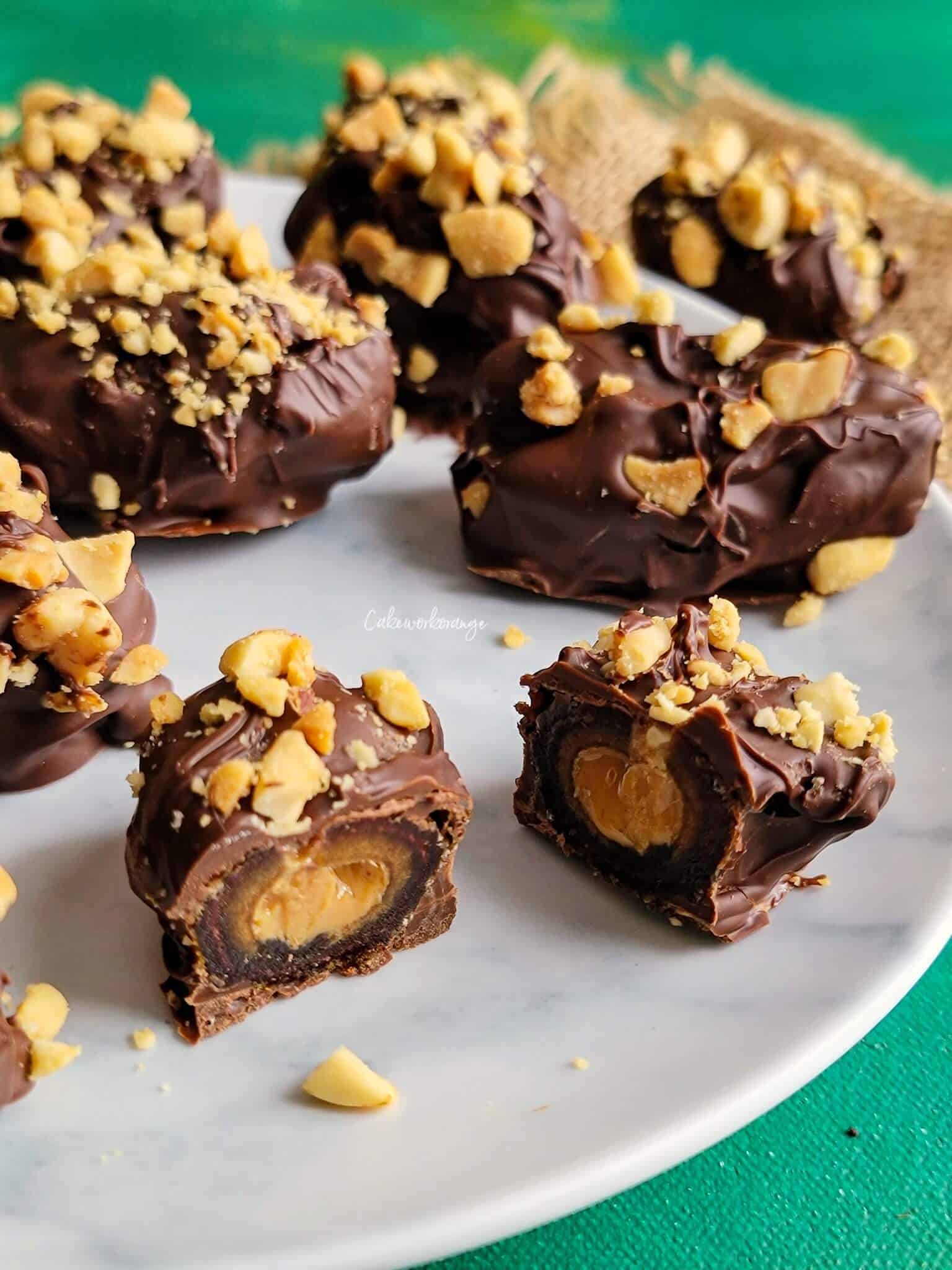 4 Ingredient Dates Snickers | Chocolate Covered Dates - Cakeworkorange