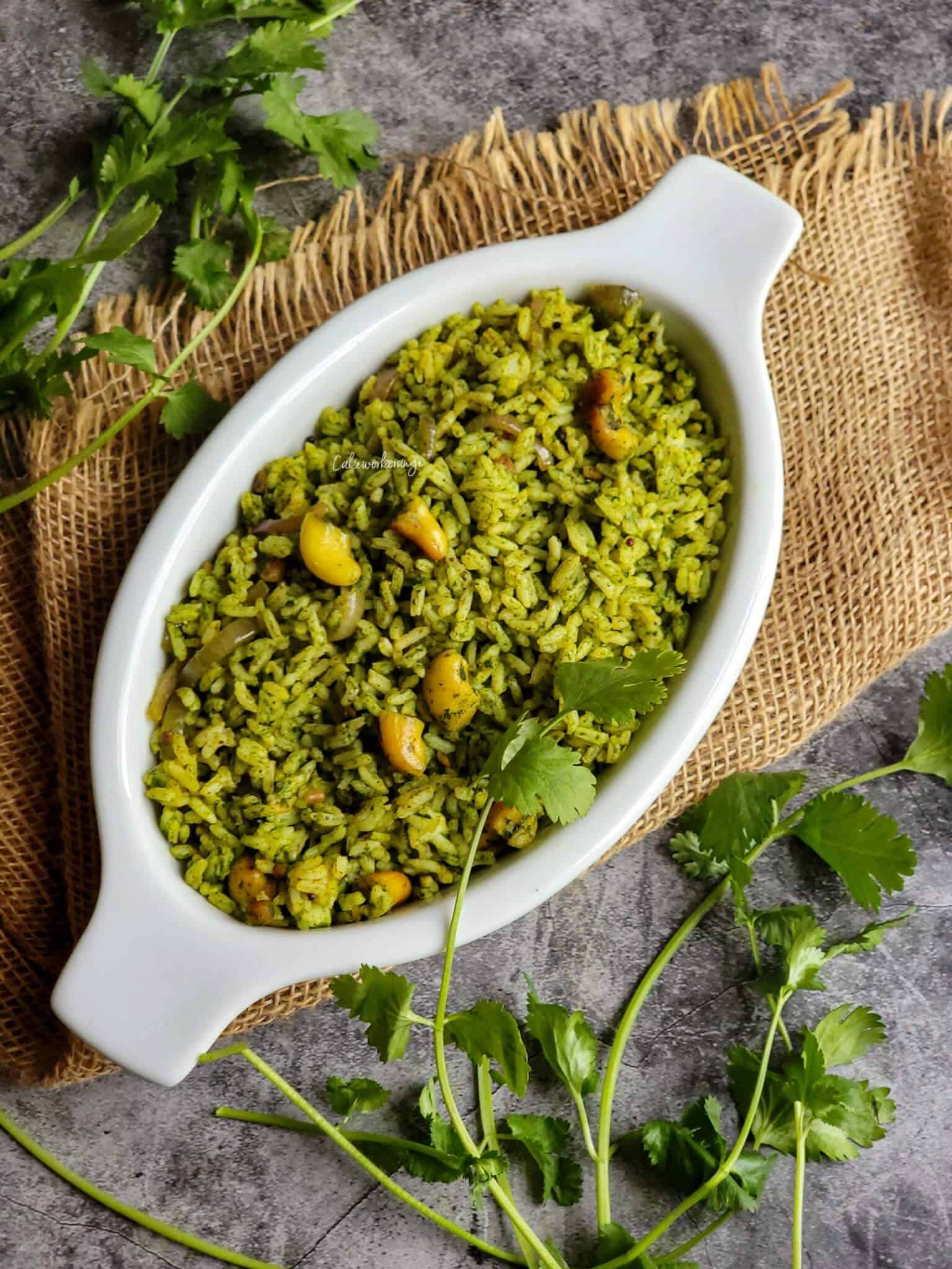 Kothamalli Sadam | Easy Coriander Leaves Rice Recipe - Cakeworkorange